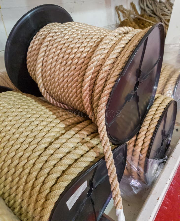 Large Synthetic Rope Coils in the Warehouse of the Ship Stock Photo ...