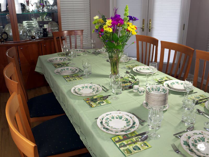 Large Table Set for Fancy Dinner Stock Photo - Image of wooden ...