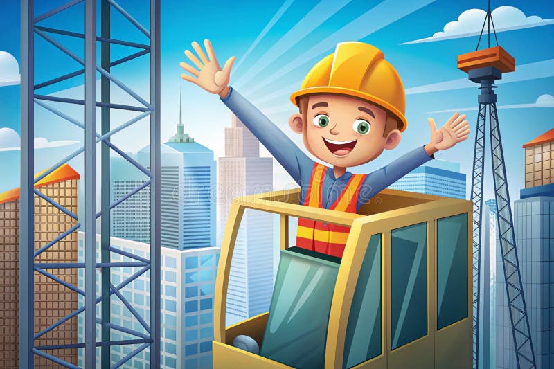 Cheerful Crane Operator in the Crane Cabin at a Height Above the City ...
