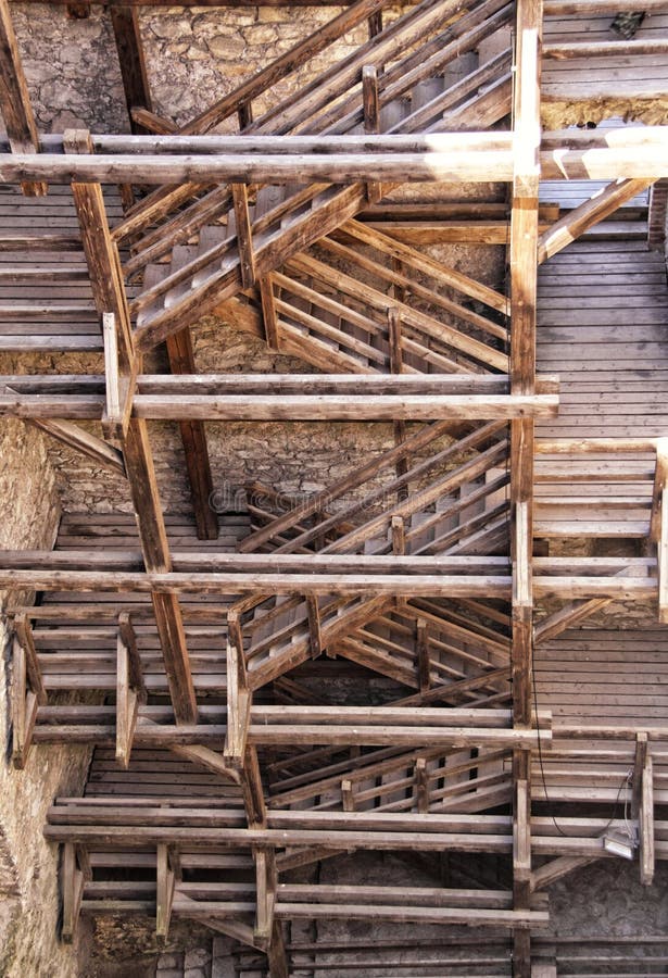 Large Tall Wooden Stairway in the Medieval Tower Stock Image - Image of ...