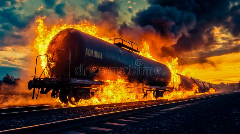 A Large Tank Car on Fire on the Side of a Train Track Stock ...