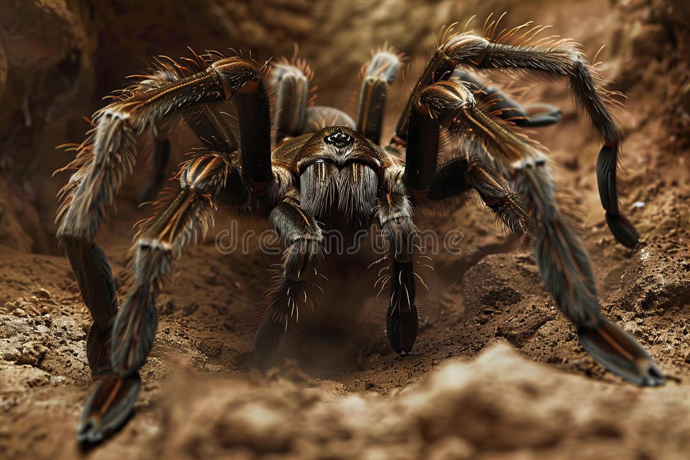 A Large Tarantula Emerging from the Ground, Its Legs Dangling and Eyes ...