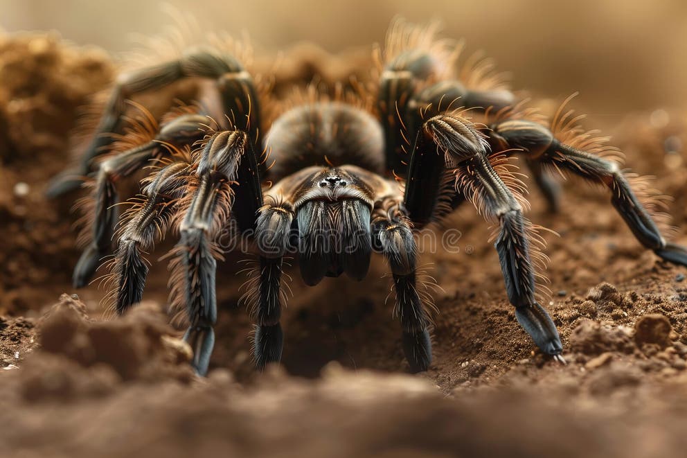 A Large Tarantula Emerging from the Ground, Its Legs Dangling and Eyes ...