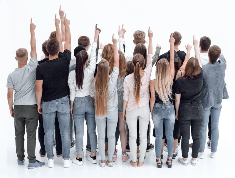 Large Team of Young People Pointing Somewhere Up . Stock Image - Image ...