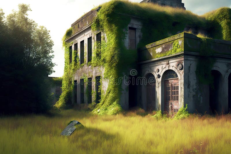 Large Technical Building in Abandoned House Overgrown with Moss and ...