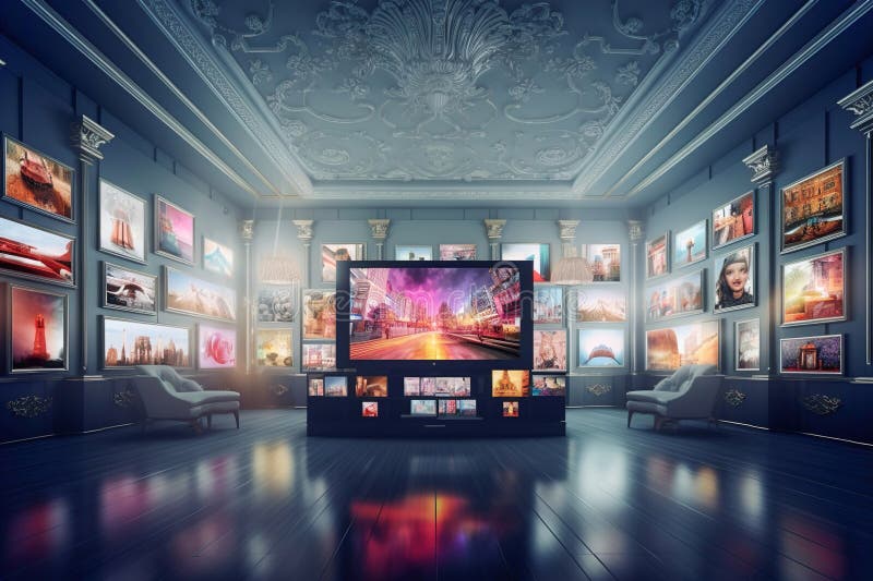 A Large Television in a Room with a Lot of Monitors on the Wall Stock ...