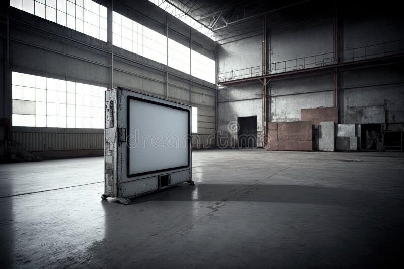 Large Television Screen in Front of Empty Workshop with Grey Floor ...