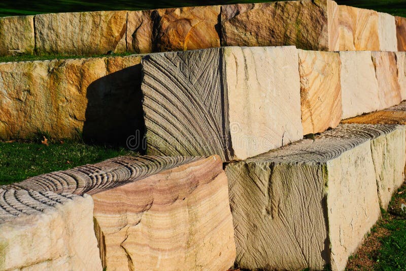 Large Textured Sandstone Block Retaining Wall Stock Photo - Image of ...
