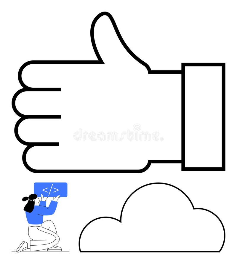 Large Thumbs-up Symbol, Programmer Holding a Code Graphic, and Cloud Icon Representing ...