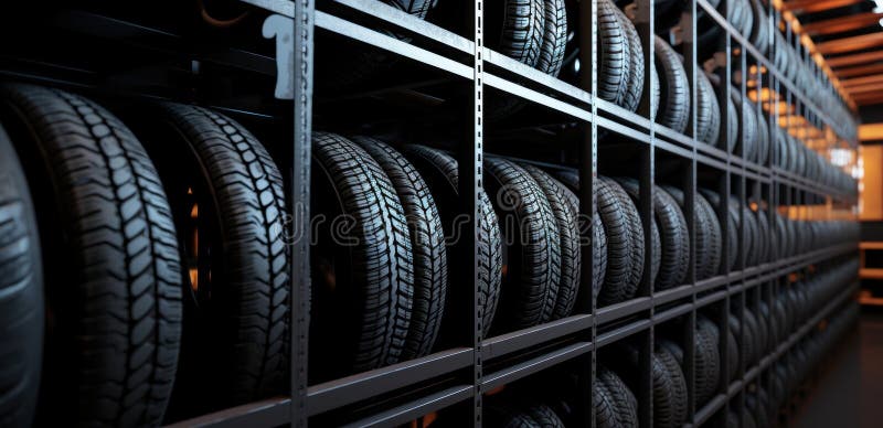 Large Tire Rack for Store with Many Large Tires Stacked Vertically Like ...