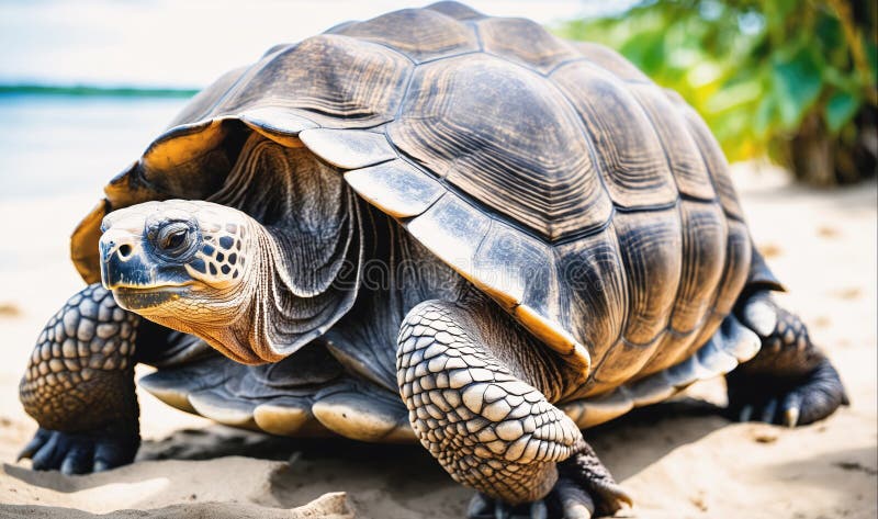 A Large Tortoise Walks Slowly on a Sandy Beach Stock Photo - Image of ...