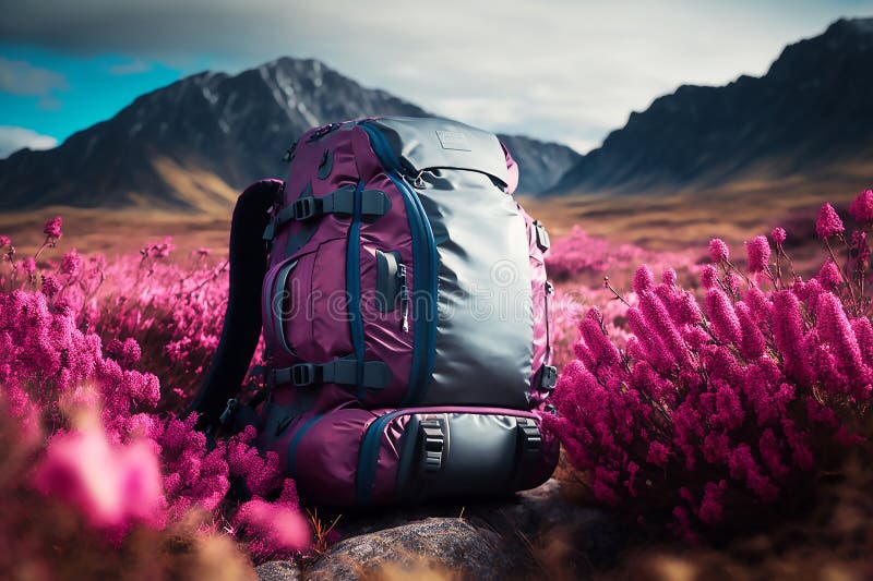 A Large Tourist Backpack Close-up Stands in a Field Against the ...