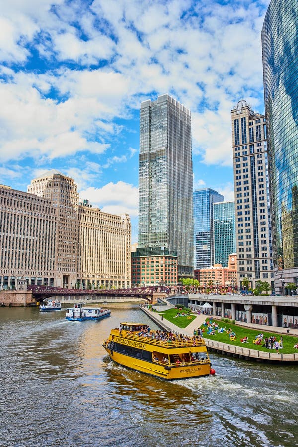 Large Tourist Ship in Chicago Canals by Skyscrapers Editorial Stock ...