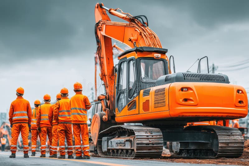 Large Tracked Excavator Rotating on Construction Site while Workers ...