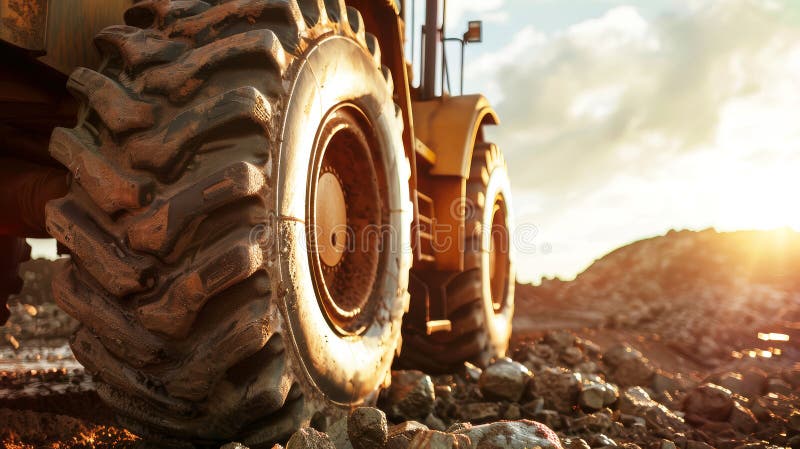 A Large Tractor with Massive Wheels is Parked on a Rocky Field, Ready ...
