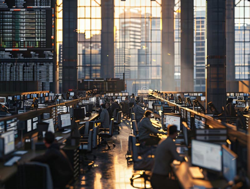 A Busy Trading Floor with Financial Analysts at Their Workstations ...