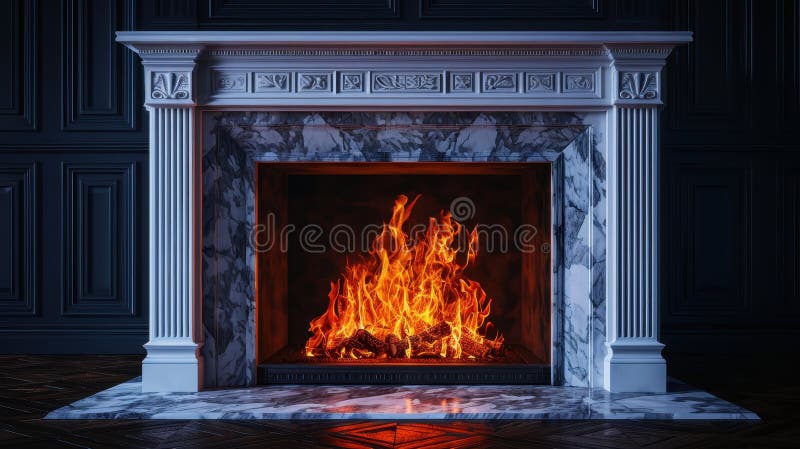 Traditional Fireplace with Roaring Fire and Empty Mantlepiece in ...