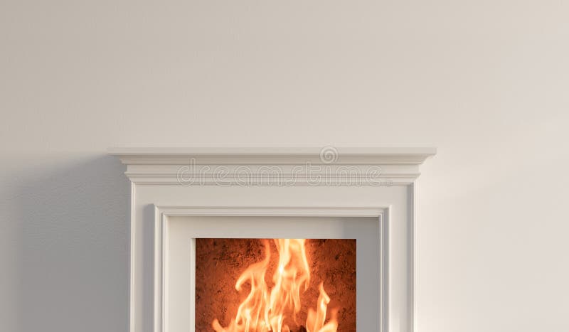 Large Traditional Fireplace with Roaring Fire. Empty Mantle Piece ...