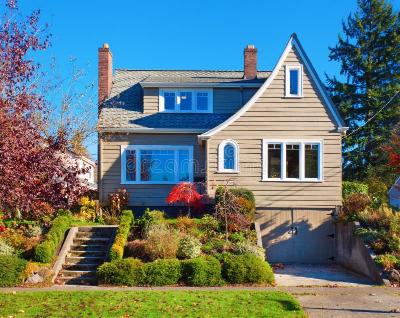 Large Traditional House with Shrubbery. Stock Image - Image of green ...