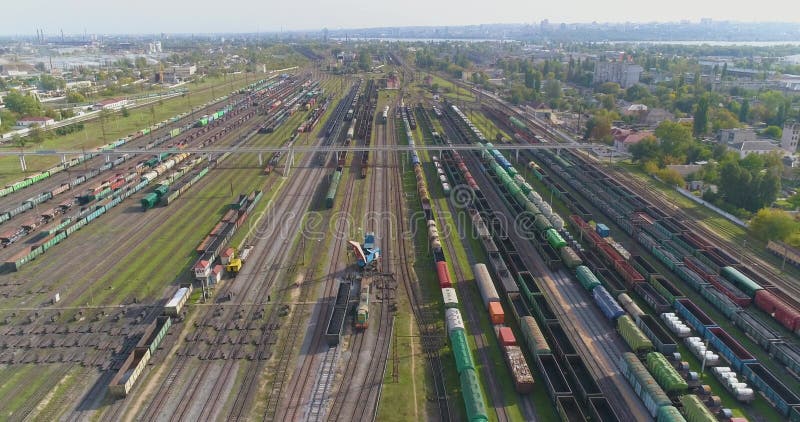 Large Train Depot Top View. Many Freight Color Trains in the Railway ...
