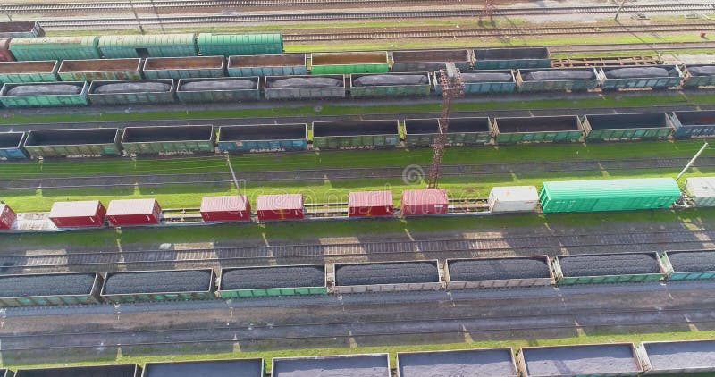 Large Train Depot Top View. Many Freight Color Trains in the Railway ...