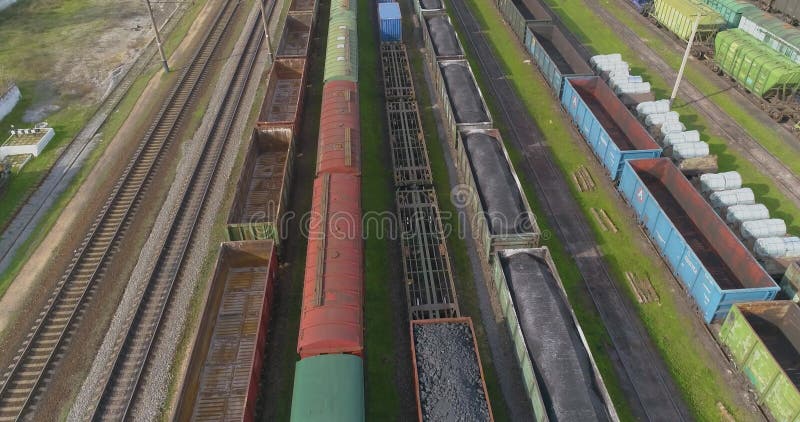 Large Train Depot Top View. Many Freight Color Trains in the Railway ...