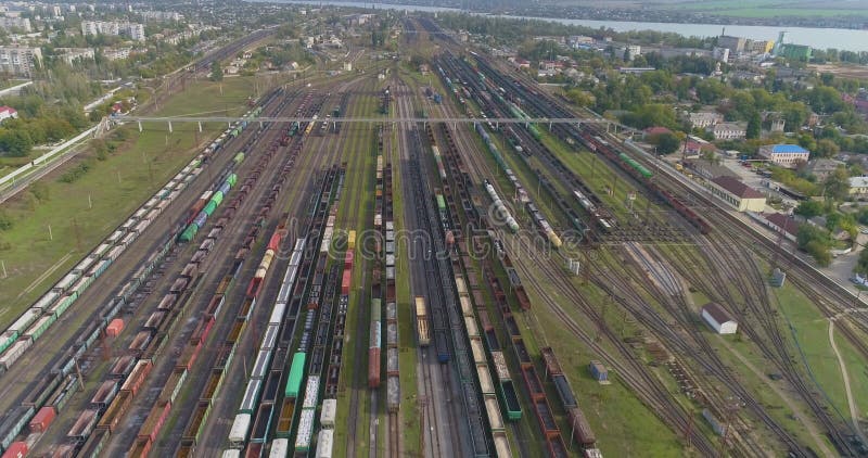 Large Train Depot Top View. Many Freight Color Trains in the Railway ...