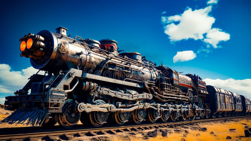 Large Train on Steel Track with Sky in the Back Ground. Generative AI ...
