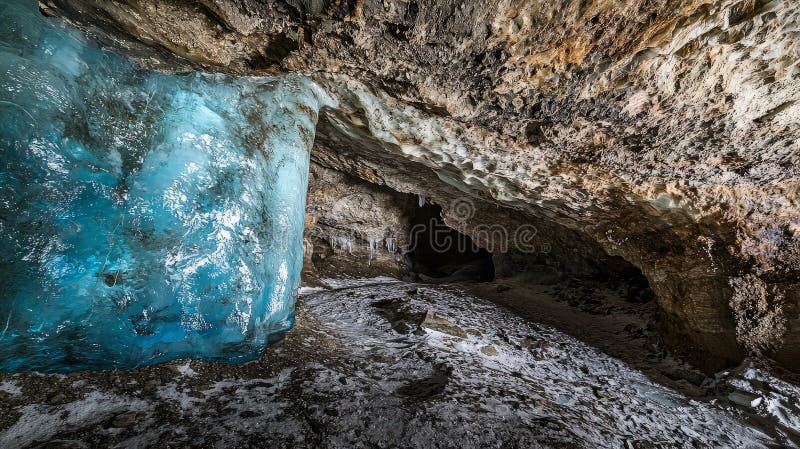 A Large, Translucent Blue Ice Formation Hangs in a Dark Cave Entrance ...