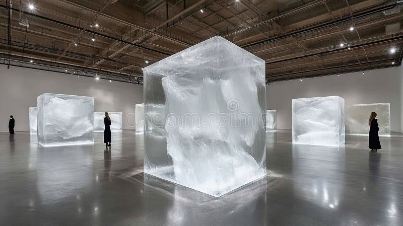 Large, Translucent Ice Cubes Scattered Throughout a Modern Gallery ...