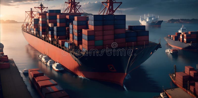 Large Transport Ship with Containers on Board, Accompanied by Small ...