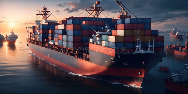 Large Transport Ship with Containers on Board, Accompanied by Small ...