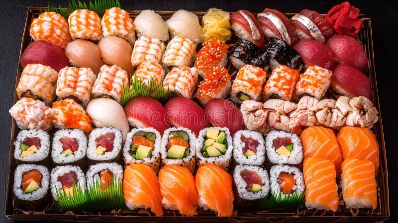 A Large Tray of Assorted Sushi Rolls and Sashimi. Stock Photo - Image ...