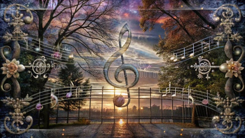 A Large Treble Clef Sits in Front of a Sunrise, with a Gate and Musical ...