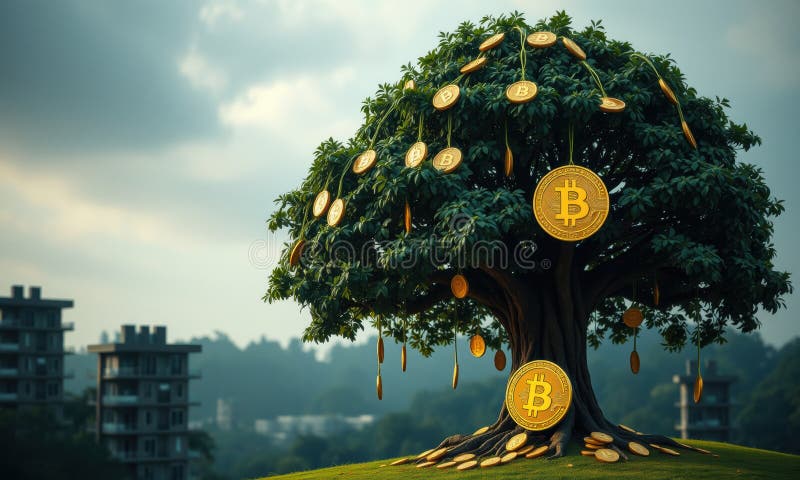 Large Tree with Bitcoin Coins Hanging from Its Branches Stock ...