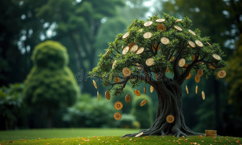 Large Tree Adorned with Golden Coins Representing Cryptocurrency Stock ...