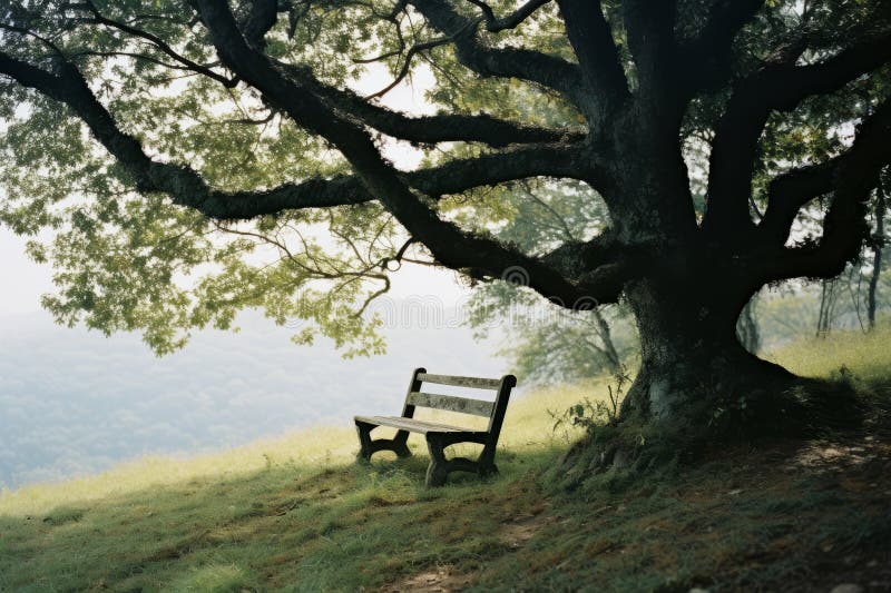 A Large Tree with a Bench Under it Stock Illustration - Illustration of ...