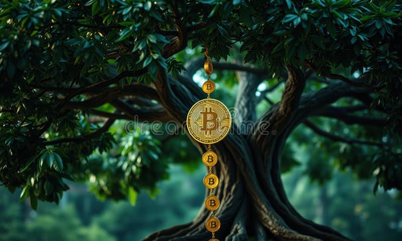 Large Tree with Bitcoin Coins Hanging from Its Branches Stock ...