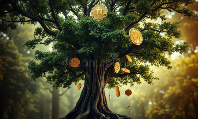 Large Tree with Bitcoin Coins Hanging from Its Branches Stock ...