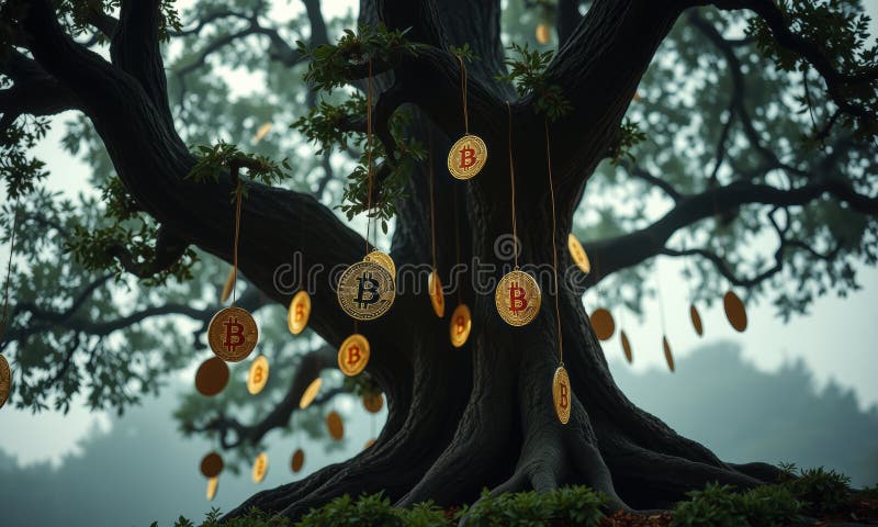 Large Tree with Bitcoin Coins Hanging from Its Branches Stock ...