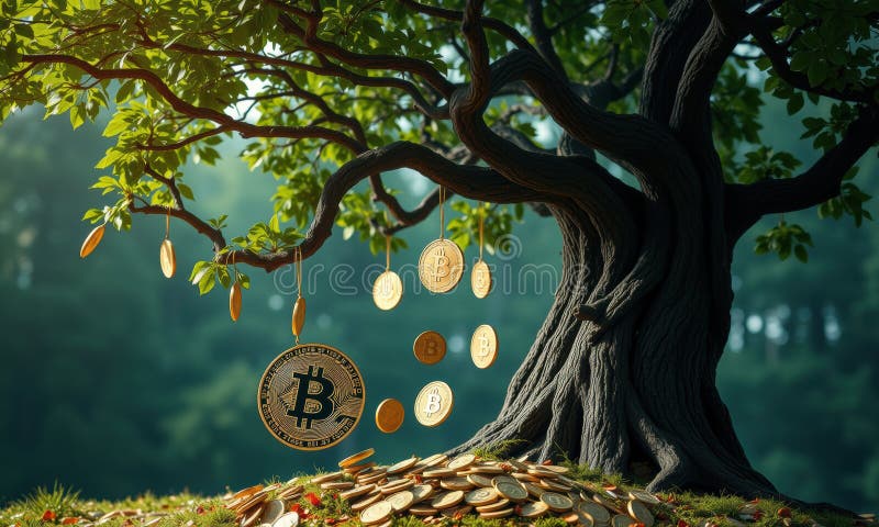 Large Tree with Bitcoin Coins Hanging from Its Branches, Symbolizing ...