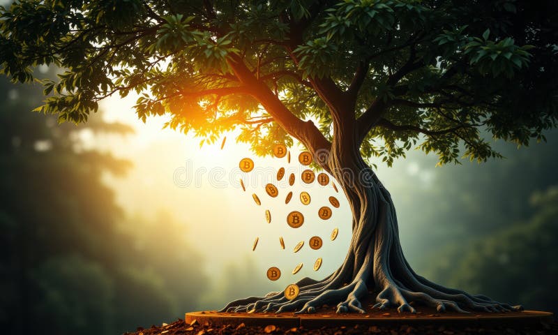Large Tree with Bitcoin Symbols Falling from Its Branches, Symbolizing ...
