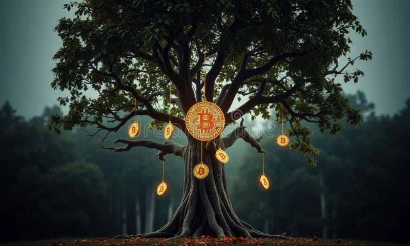 Large Tree with Bitcoin Symbols Hanging from Its Branches Stock ...