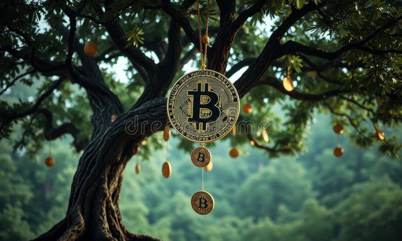 Large Tree with Bitcoin Coins Hanging from Its Branches Stock ...