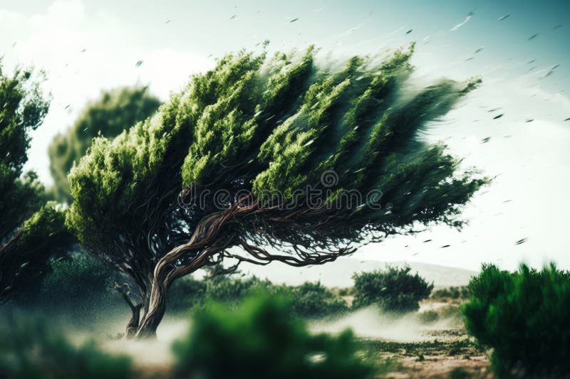 Large Tree Blowing in the Wind in Field of Grass and Dirt. Generative ...