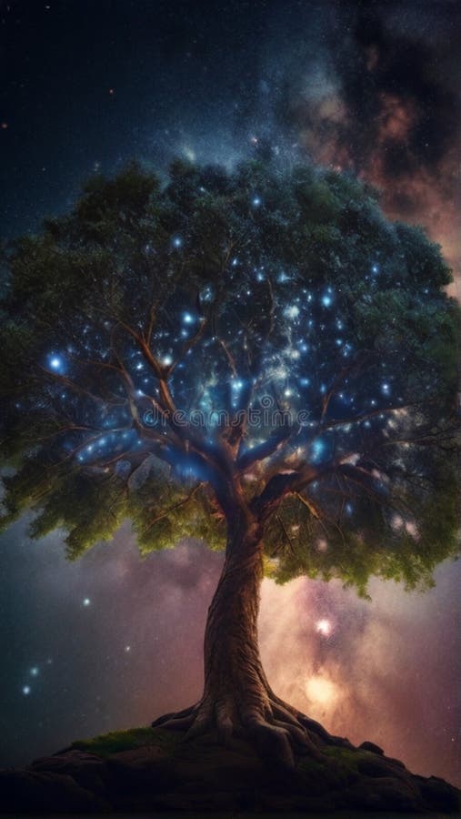 A Large Tree with Charming Sparkling Lights, Against the Background of ...