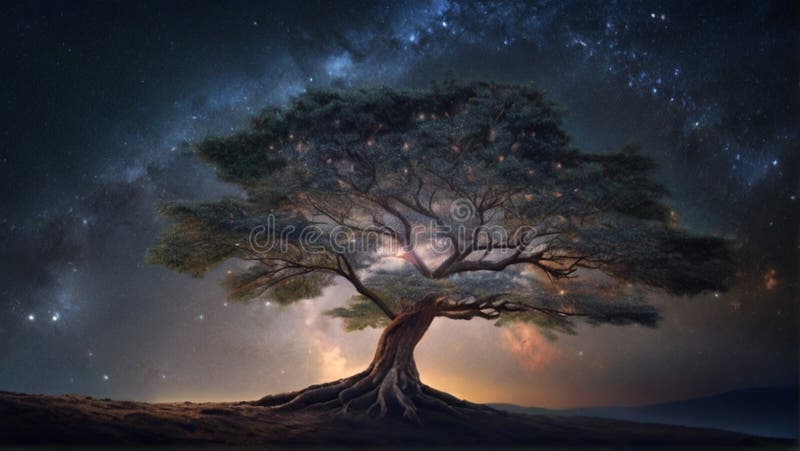 A Large Tree with Charming Sparkling Lights, Against the Background of ...