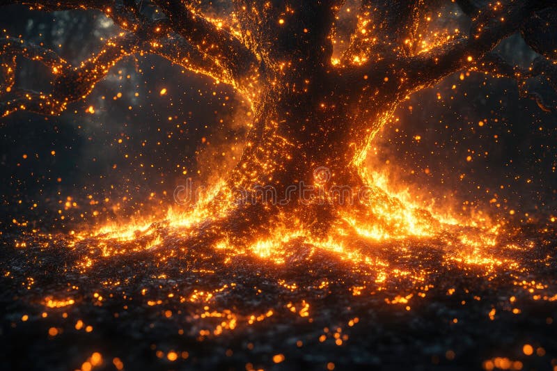 A Large Tree Consumed by Intense Flames, a Dramatic and Fiery Scene ...