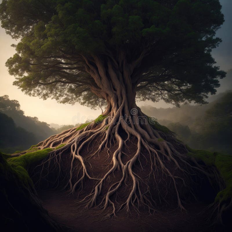 A Large Tree with a Crown of Leaves and an Extensive Root System in the ...