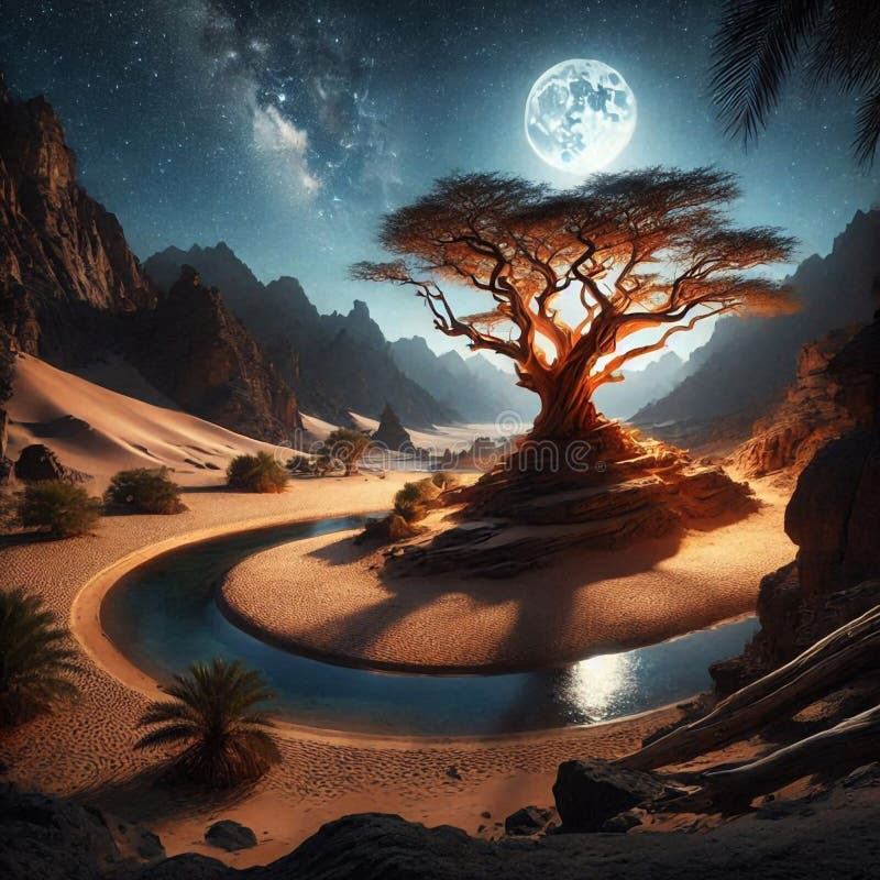A Large Tree in a Desert Oasis at Night Under a Full Moon. Stock Photo ...